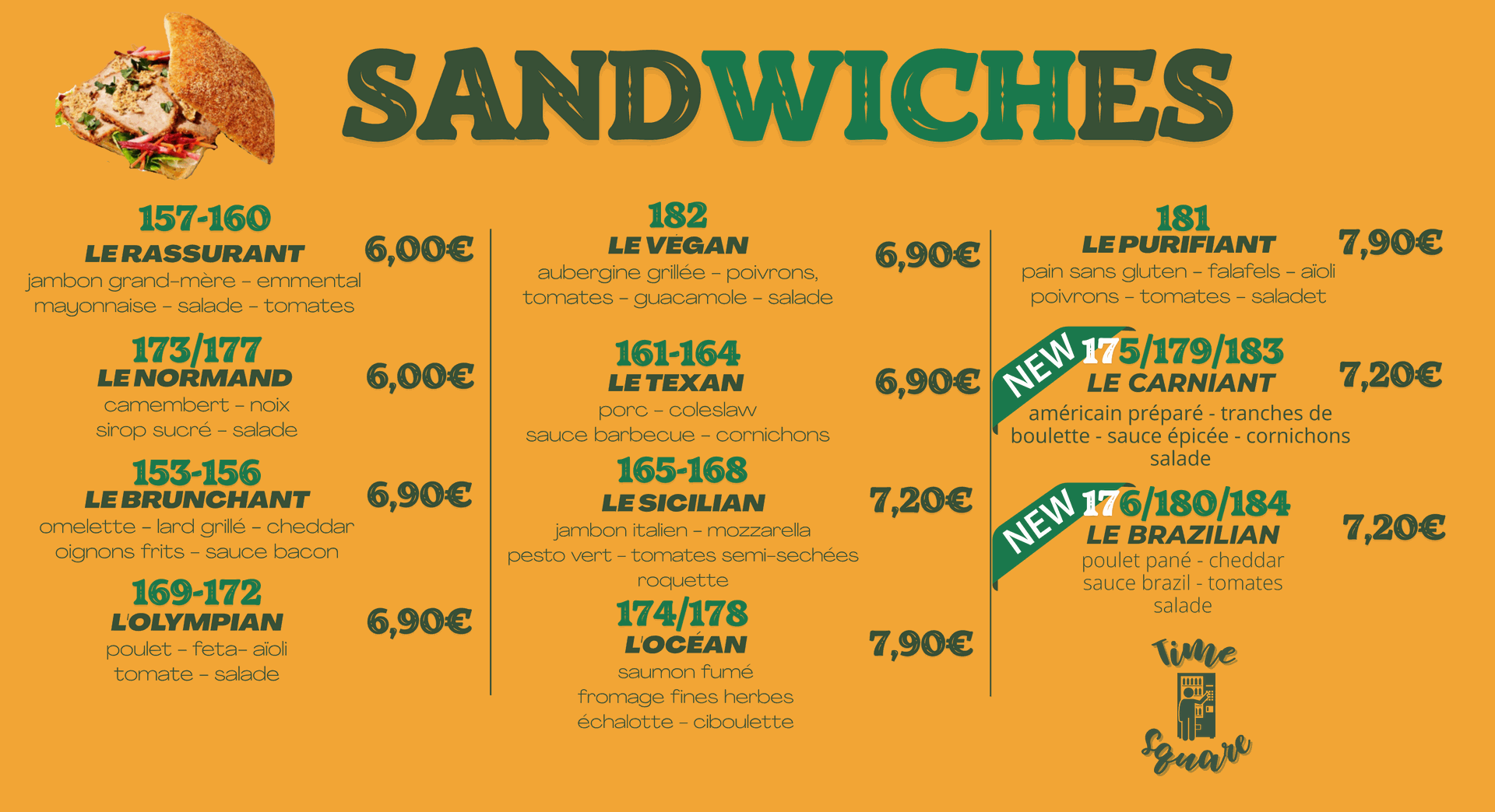 Sandwichs, Panini, Salades, pâtes, snack, Time Square, Hotton, Marche